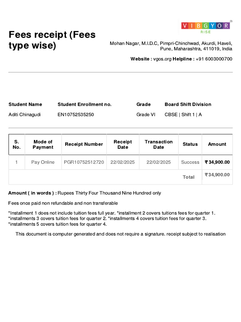Grade VI Fees Receipt for Aditi Chinagudi | PDF