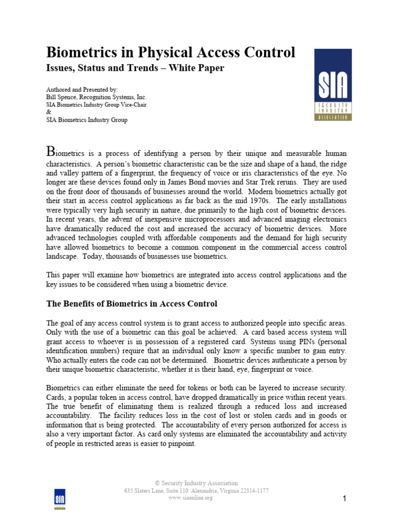 SIA Biometrics in Physical Access Control White Paper (1) | PDF ...
