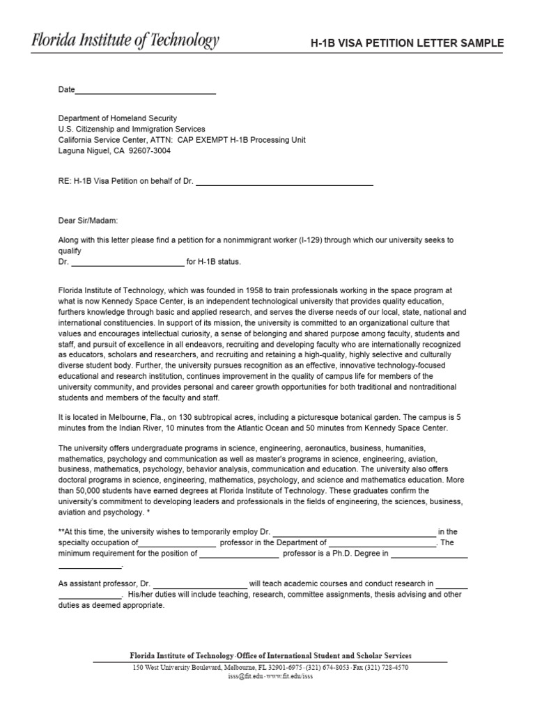 H-1B Visa Petition Letter Sample | PDF | H 1 B Visa | Doctorate