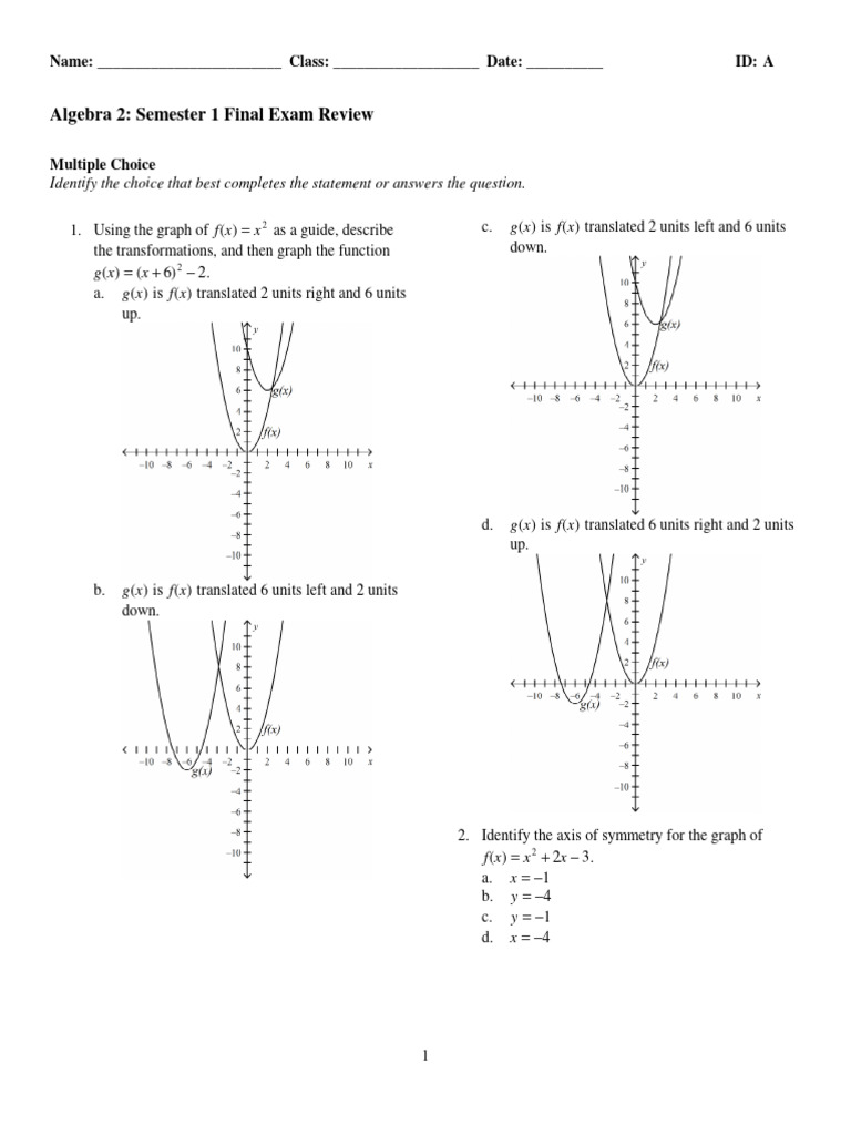 Algebra 2 Semester 1 Exam Review | PDF | Quadratic Equation | Sampling ...