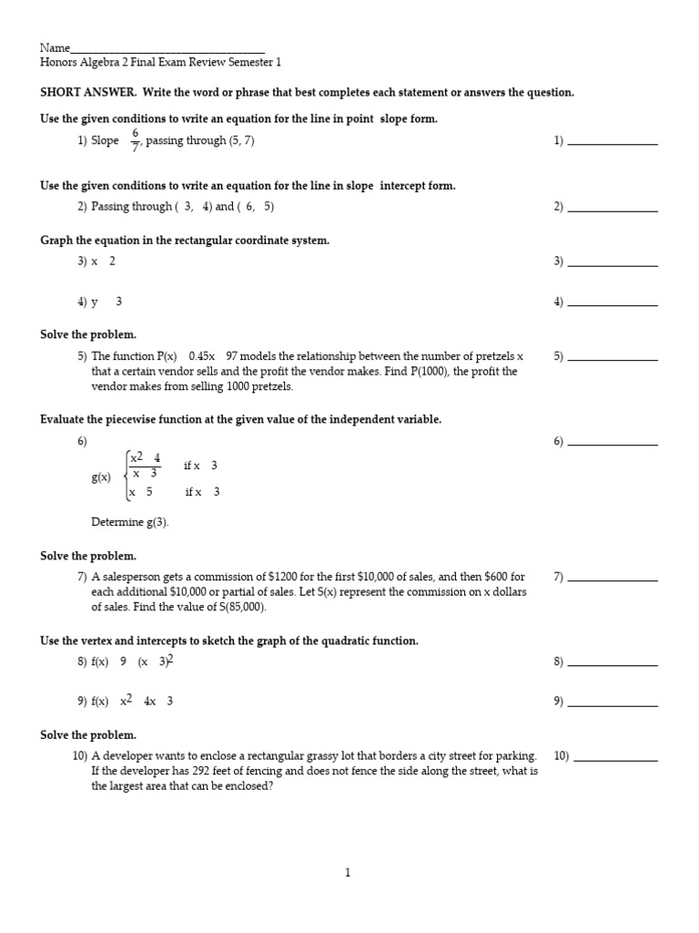 Honors Algebra 2 Final Review Sem 1 First Packet | PDF | Quadratic ...