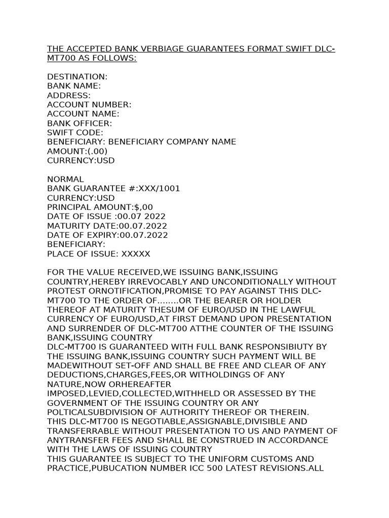 The Accepted Bank Verbiage Guarantees Format Swift DLC | PDF