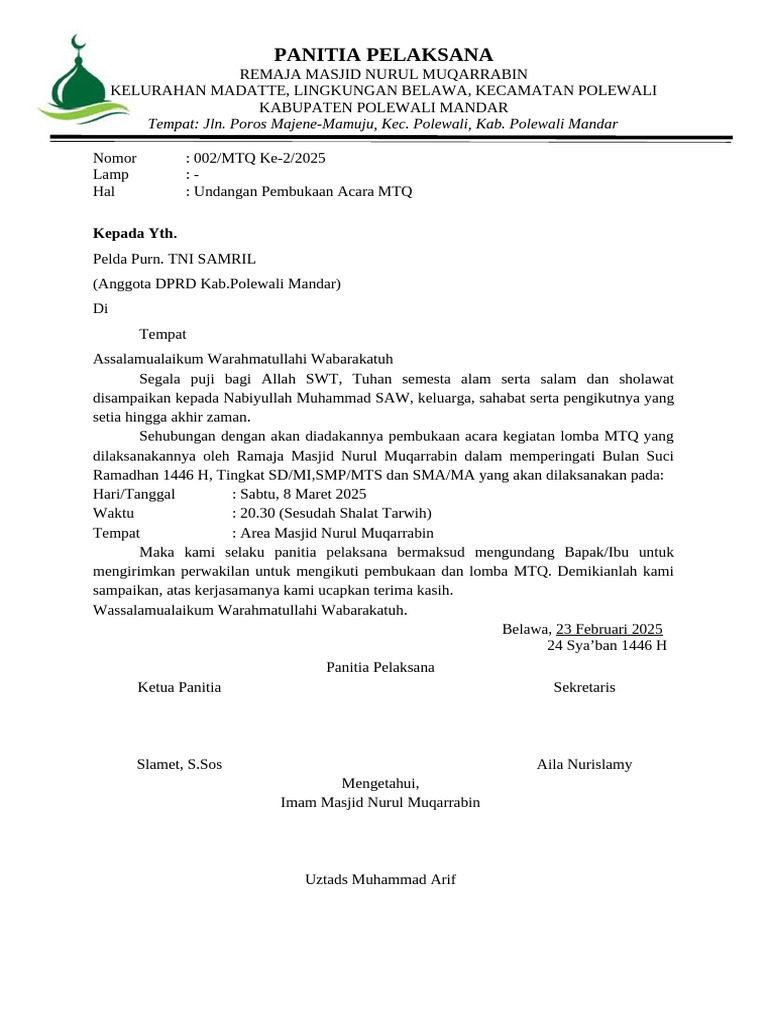 Undangan Pembukaan Acara MTQ 2025 | PDF