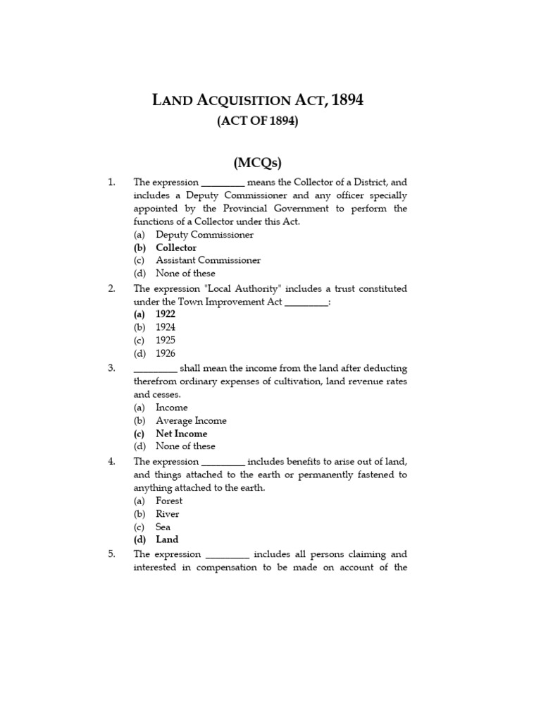 MCQs on Land Acquisition Act, 1894 | PDF | Income | Interest