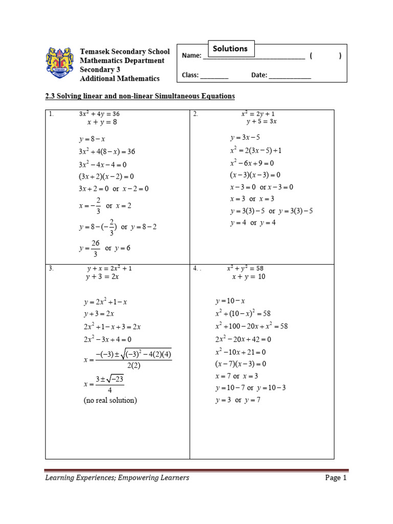 Chpt 2.3 Simultaneous Equations & Intersections (Solutions) | PDF | Tangent | Quadratic Equation