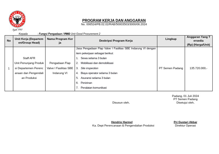 Form Program Kerja Dan Anggaran Jasa Sewa Construction Lift Rev 02 | PDF