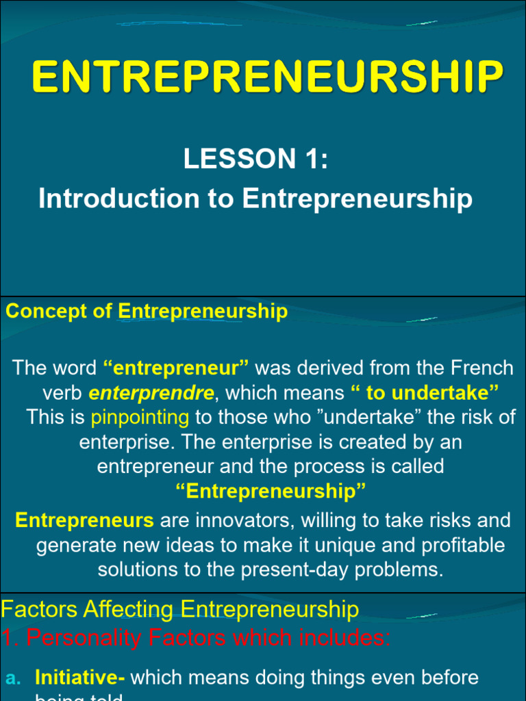Entrep LESSON 1.PDF Introduction To Entrepreneurship | PDF | Entrepreneurship | Business Economics