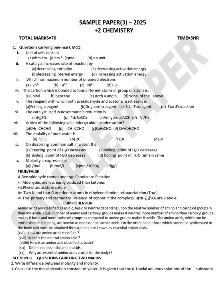 Sample Paper 3 +2 Chemistry | PDF | Amine | Acid