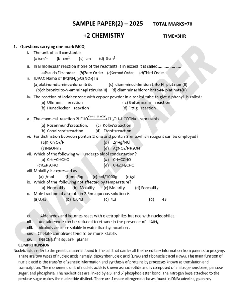 2025 +2 Chemistry Sample Paper 2 | PDF | Nucleic Acids | Dna