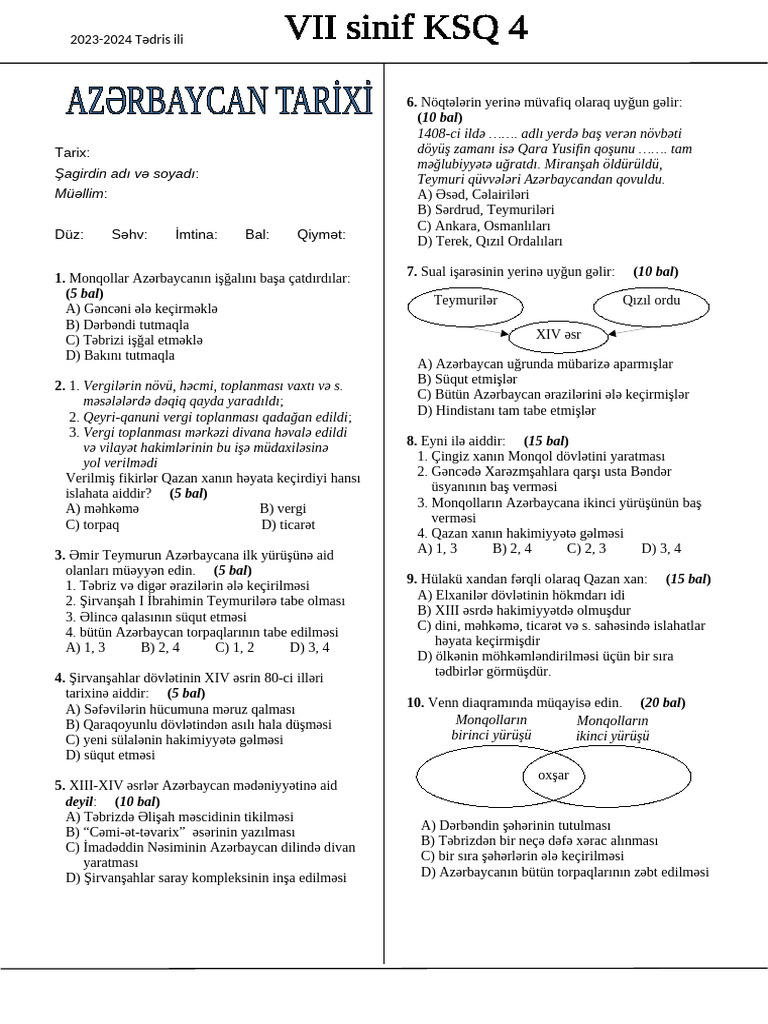 VII sinif KSQ 4 Az hazır Ş_102654 | PDF