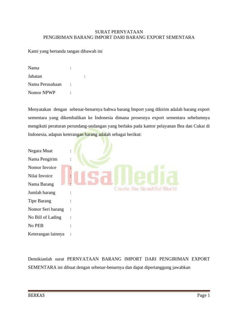 Surat Pernyataan Pengiriman Barang Import Dari Barang Export Sementara | PDF