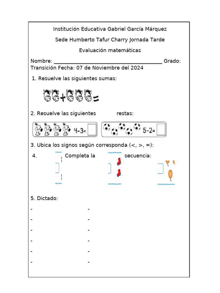 Evaluación de Matemáticas Grado Transición | PDF