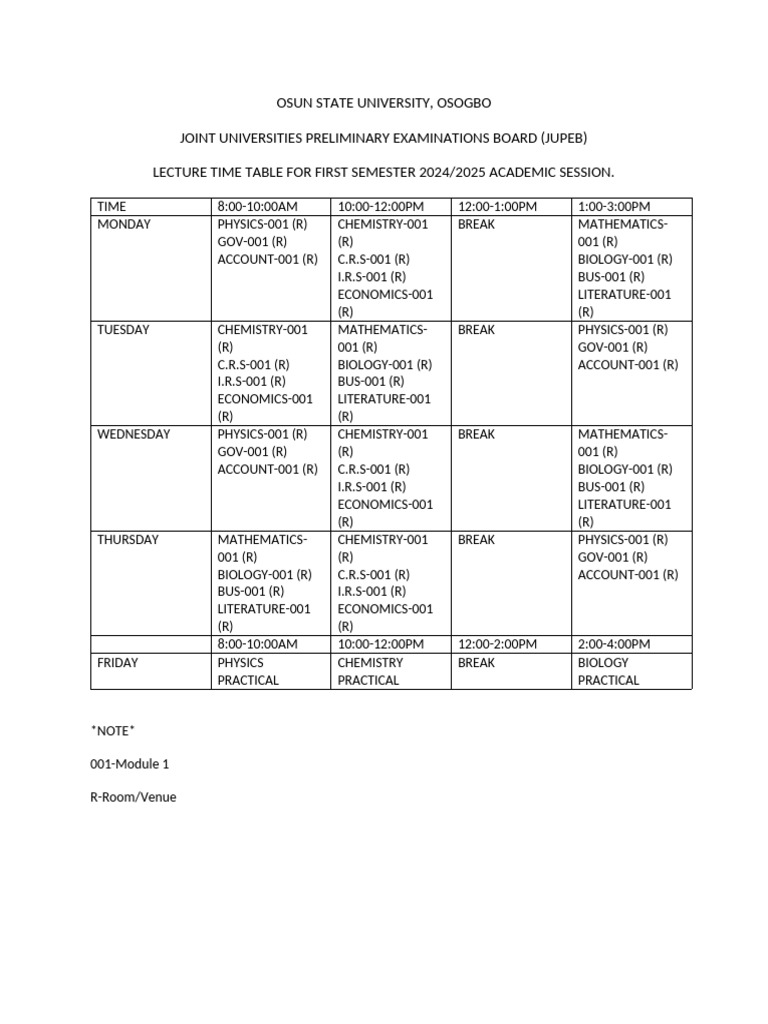 Jupeb 2024 Time Table Chart | PDF