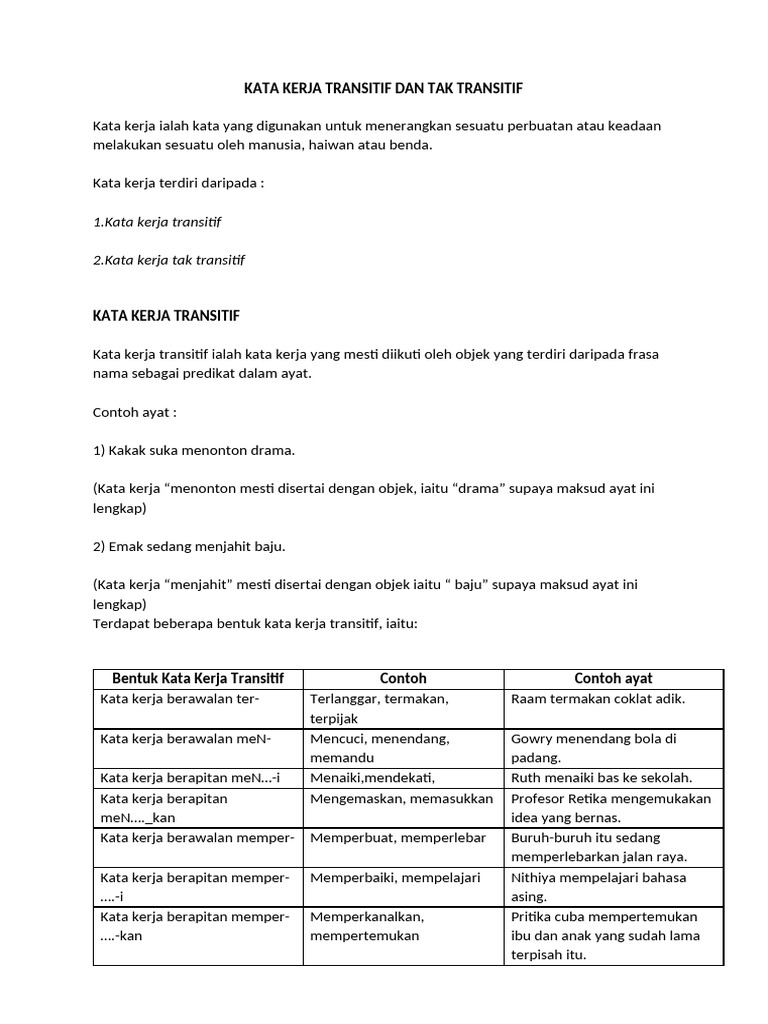 Kata Kerja Transitif Dan Tak Transitif | PDF