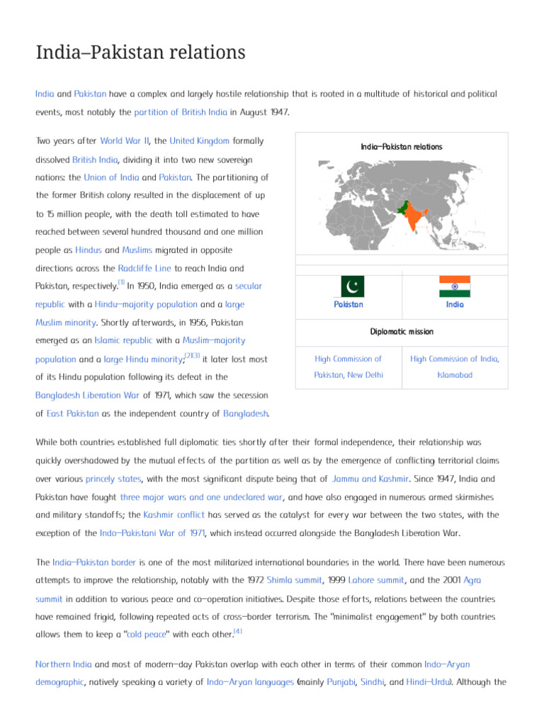 India-Pakistan Relations Overview | PDF | Partition Of India | Pakistan