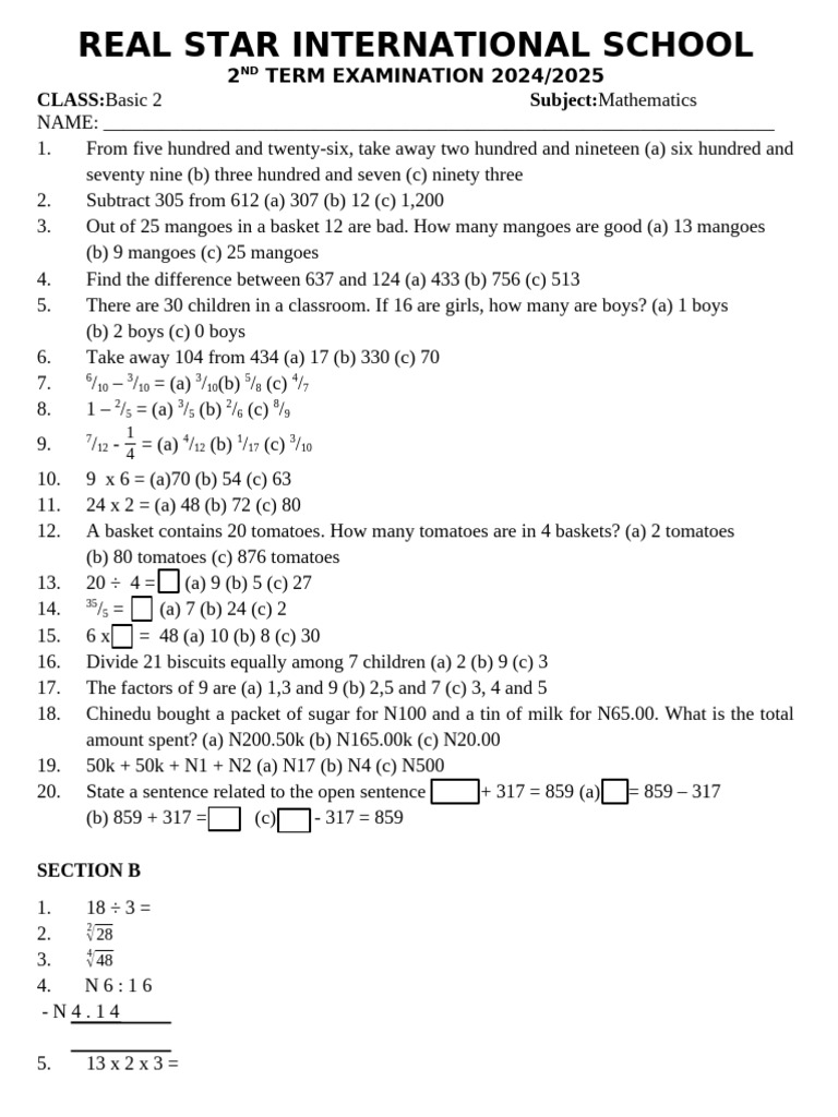 Real Star 2nd Term Exam 2025 | PDF | Chemical Reactions | Acid