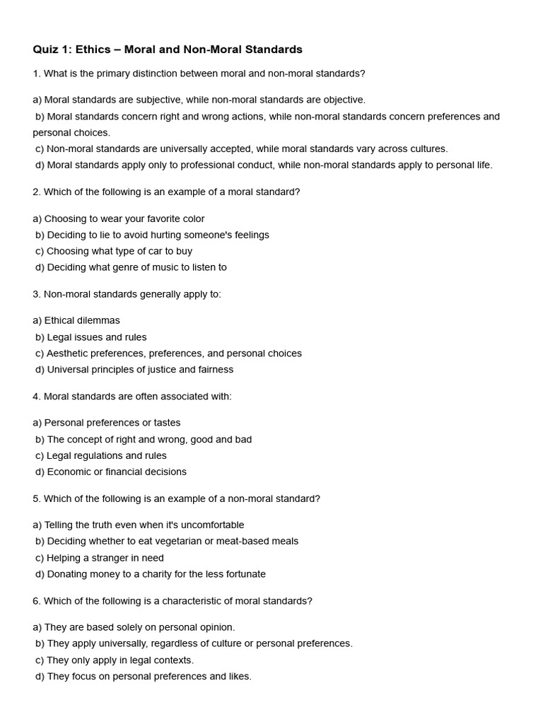 Quiz 1 - Ethics - Moral and Non-Moral Standards | PDF | Morality ...