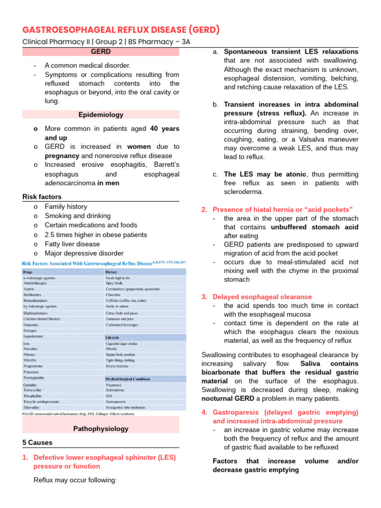 GERD NOTES | PDF | Gastroesophageal Reflux Disease | Esophagus