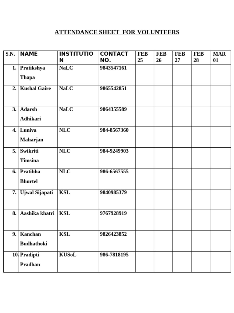 Volunteer Attendance Sheet | PDF