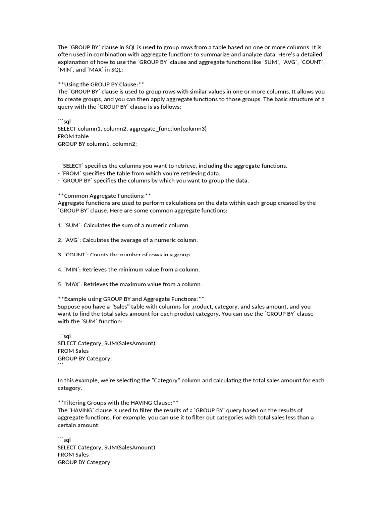 Week 7 - Day 1-4 - Grouping Data With GROUP by | PDF | Table (Database) | Sql