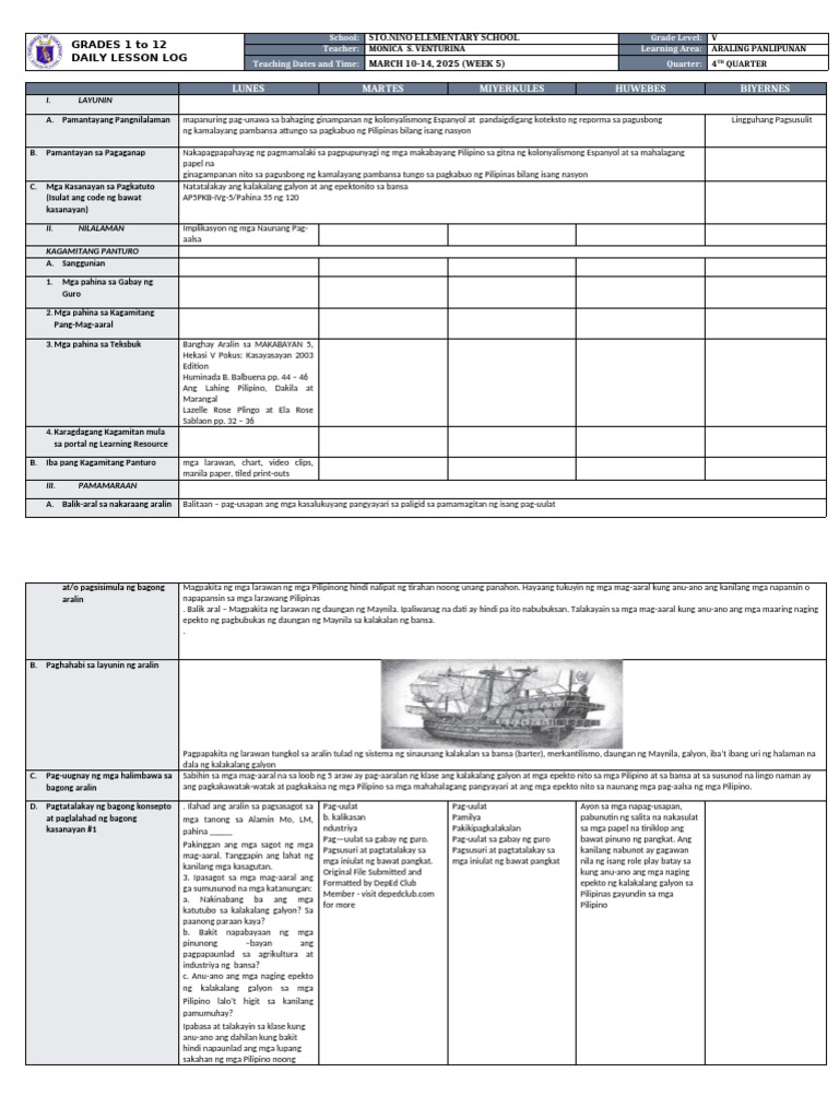 DLL - Araling Panlipunan 5 - Q4 - W5 | PDF