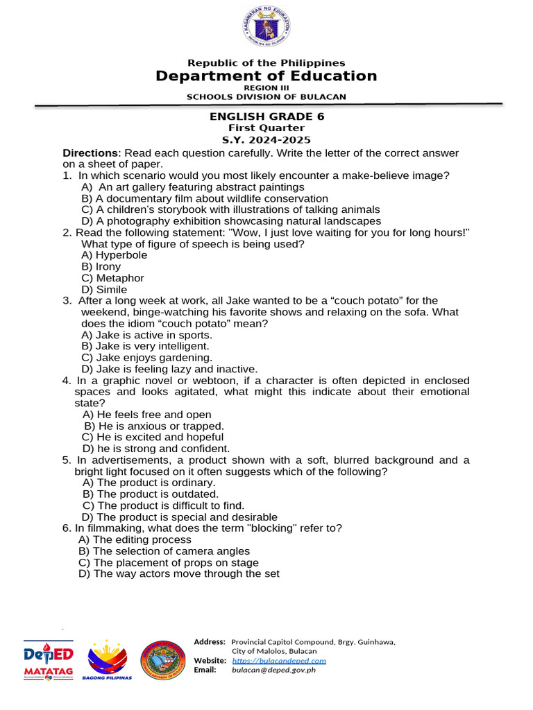 6th Grade English Test - First Quarter | PDF
