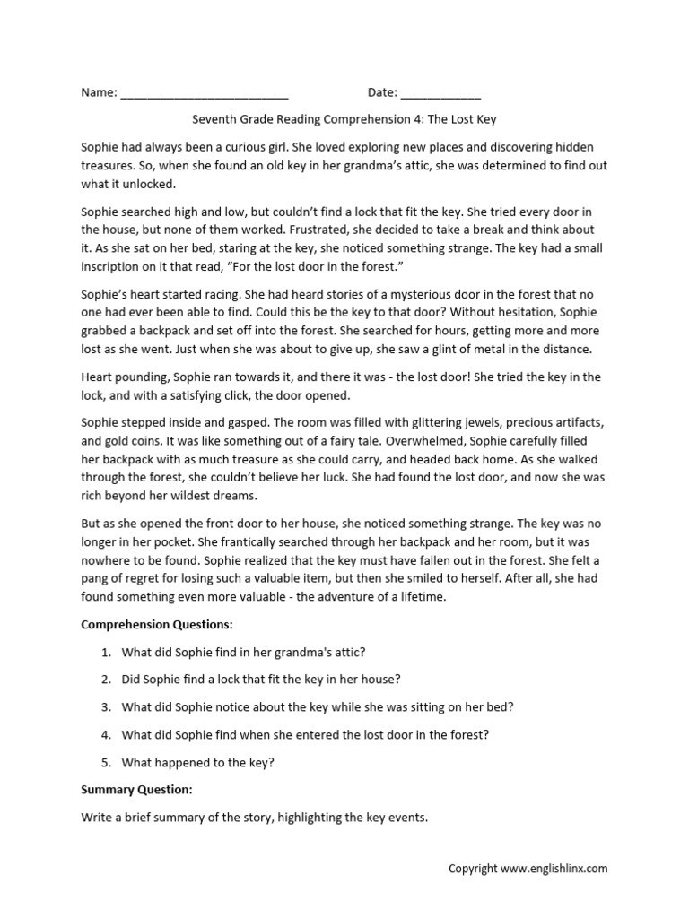 7th Grade Comprehension: The Lost Key | PDF