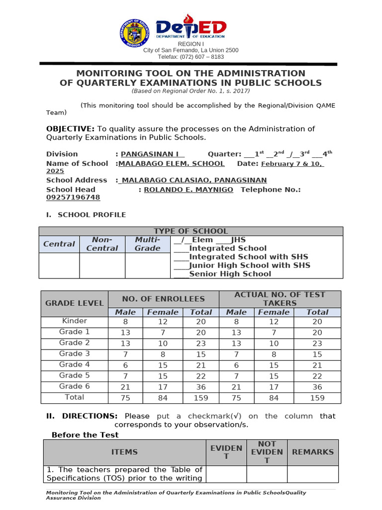 Monitoring Tool of Administration of Quarterly Exam For Public School | PDF