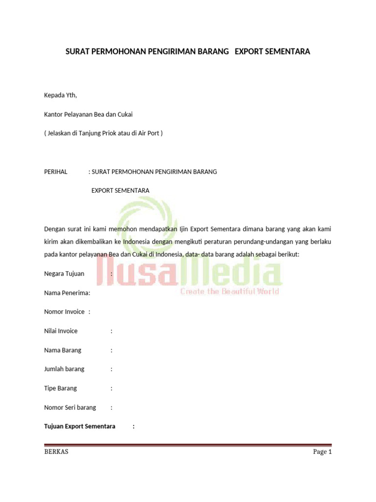 Surat Permohonan Pengiriman Barang Export Sementara | PDF
