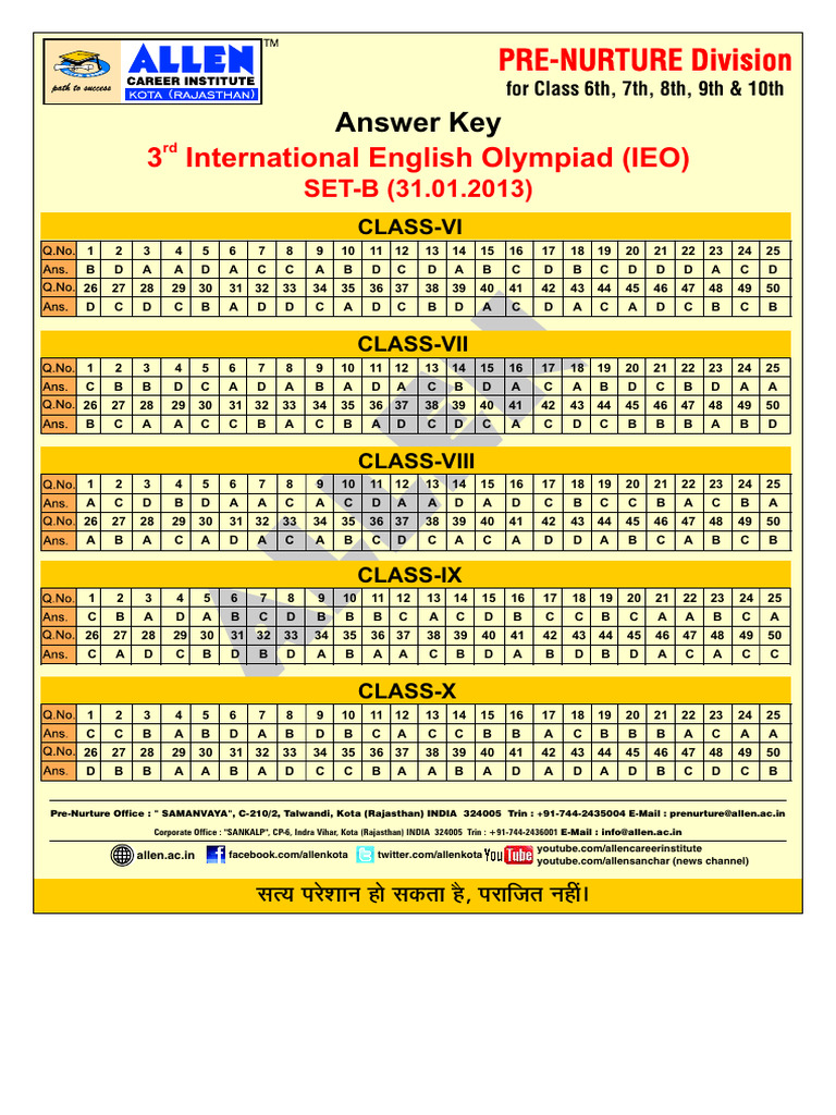 IEO 2013 Answer Key for Classes 6-10 | PDF