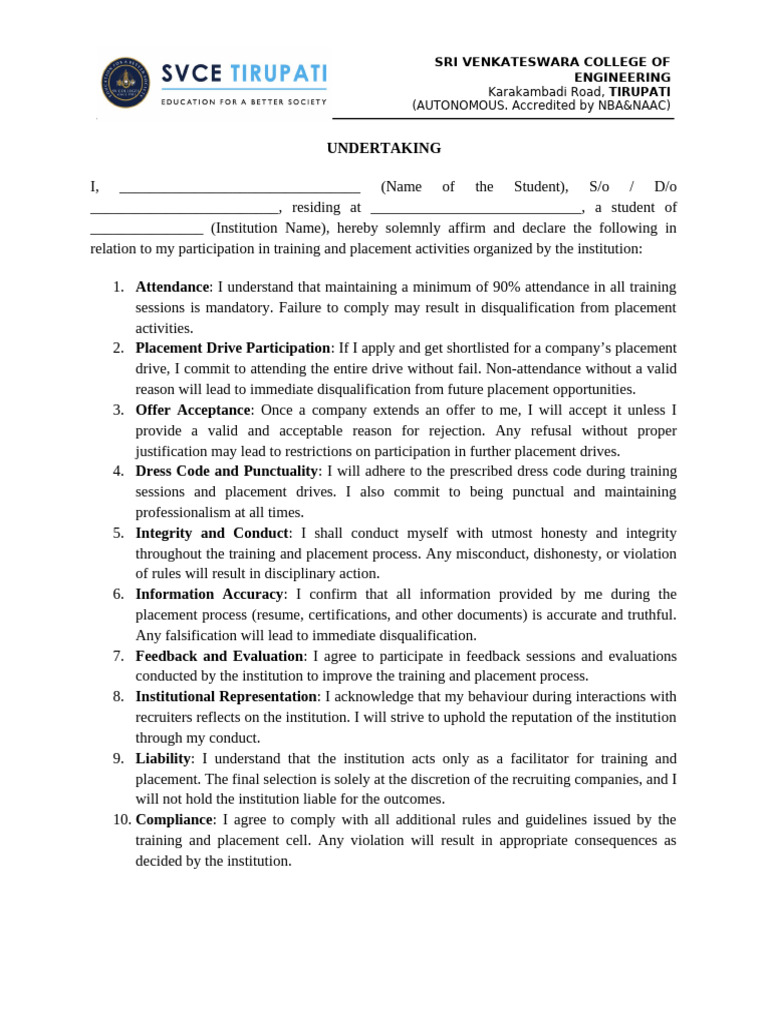 SVCE ECE 2021 Batch CRT UNDERTAKING Form | PDF | Justice | Crime & Violence