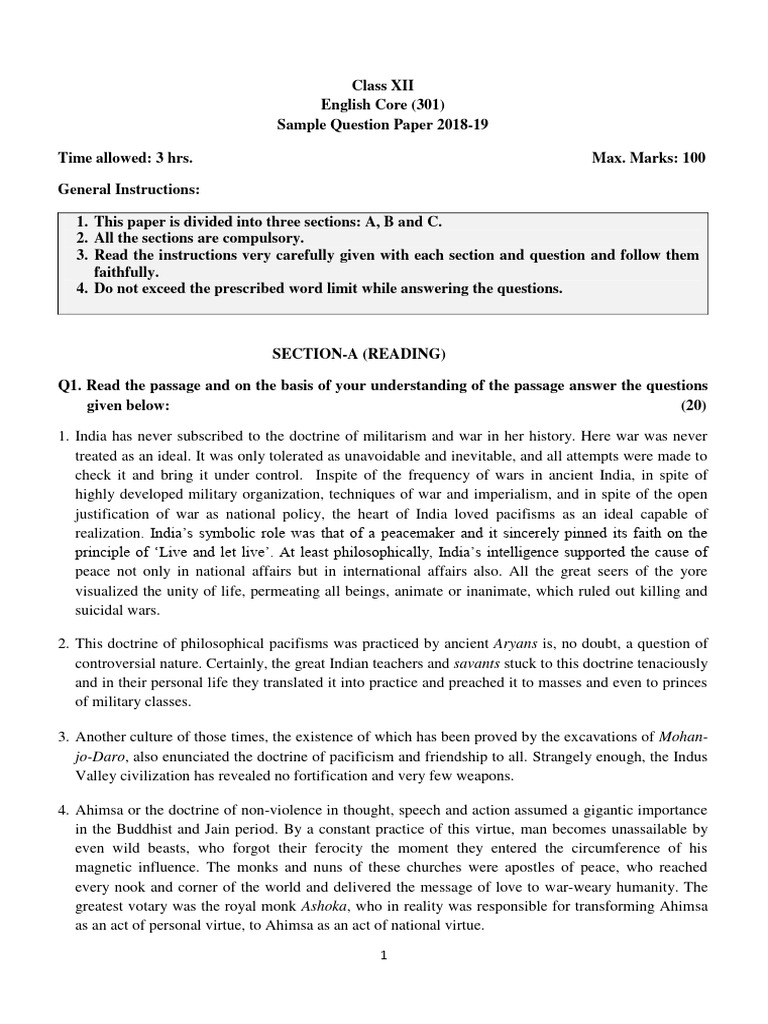 CBSE Class 12 English Sample Paper 1 | PDF | Nonviolence | Ahimsa