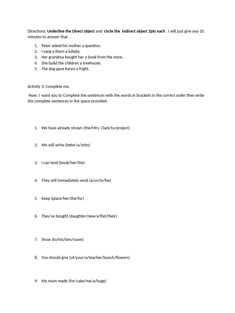 Direct and Indirect Object Exercises | PDF