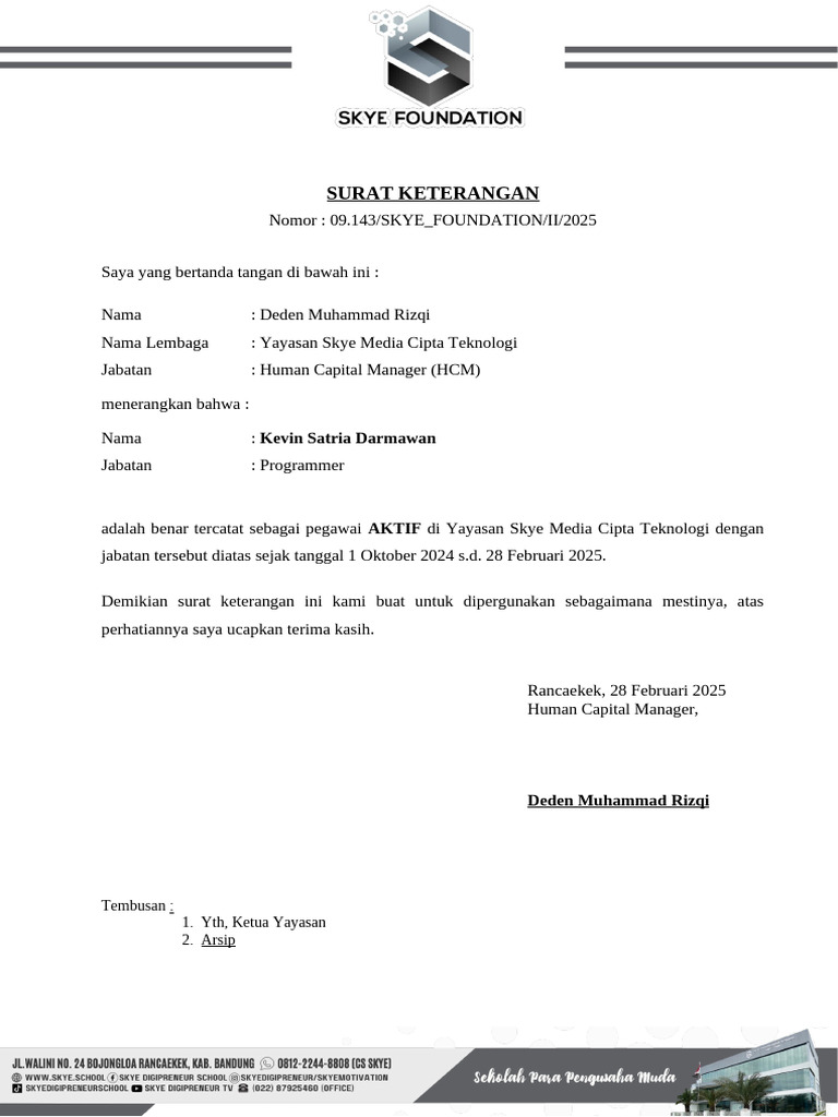 Surat Keterangan Karyawan Skye - Kevin | PDF