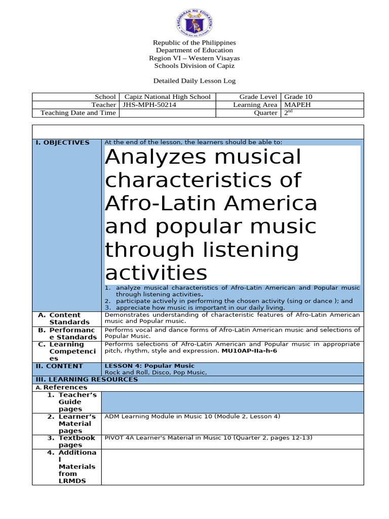 JHS DLP Bodegas FINAL | PDF | Teachers | Popular Music