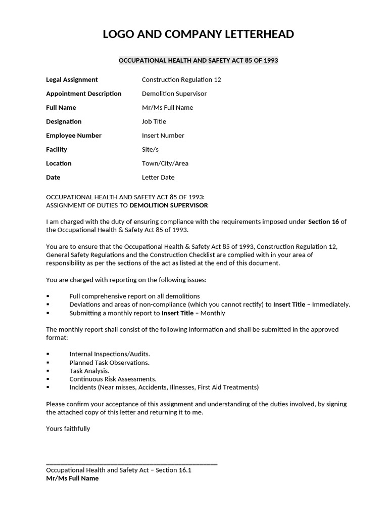 Demolition Supervisor Appointment Letter | PDF | Occupational Safety ...