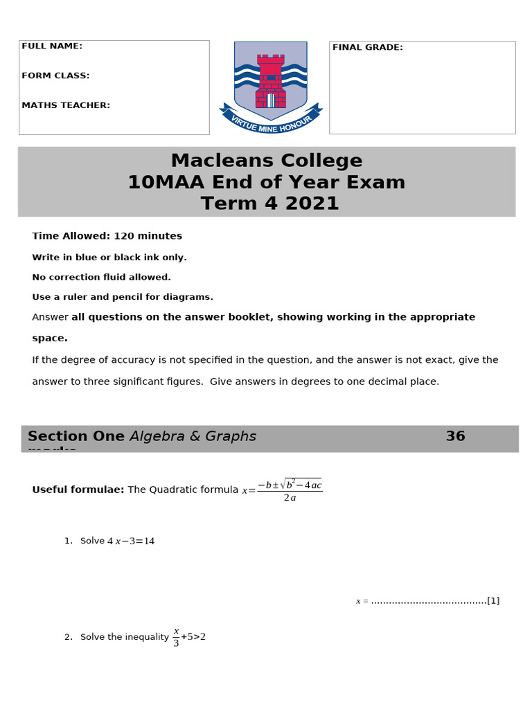 10maa Eoy Exam 2021 | PDF | Quadratic Equation | Elementary Mathematics