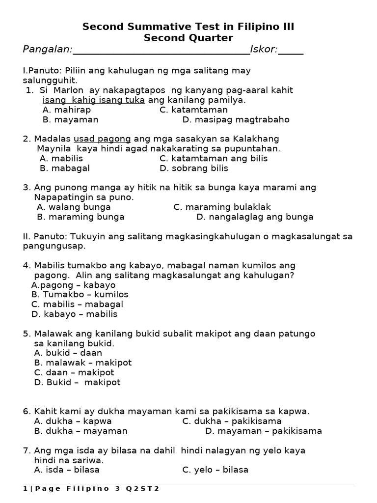 2nd Summative Test in Filipino Q2 | PDF