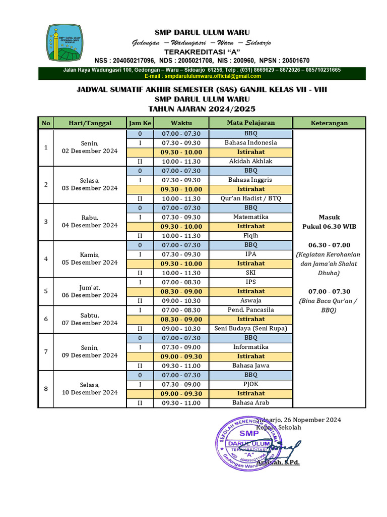 Jadwal Sas Ganjil Kelas 7 Dan 8 (2024-2025) | PDF