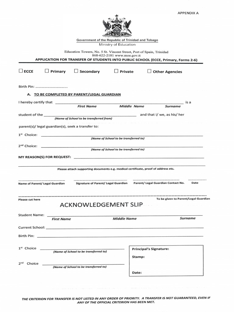 Application For Transfer of Students Into Public School ECCE Primary ...