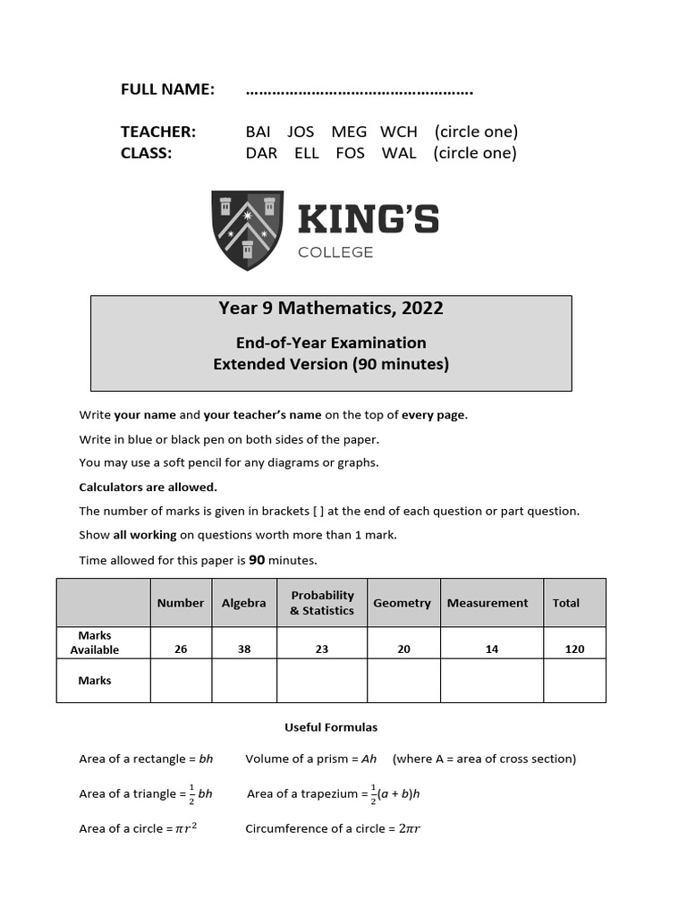 Y9 EOY Exam 2022 | PDF | Mathematics | Elementary Mathematics