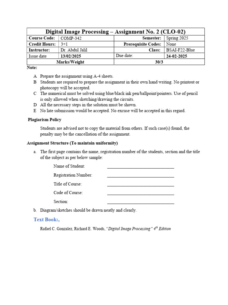 Assignment No. 02-DIP-BSAI-F22-Blue | PDF | Convolution | Telecommunications Engineering