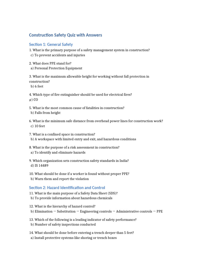 Construction Safety Quiz | PDF | Personal Protective Equipment | Hazards