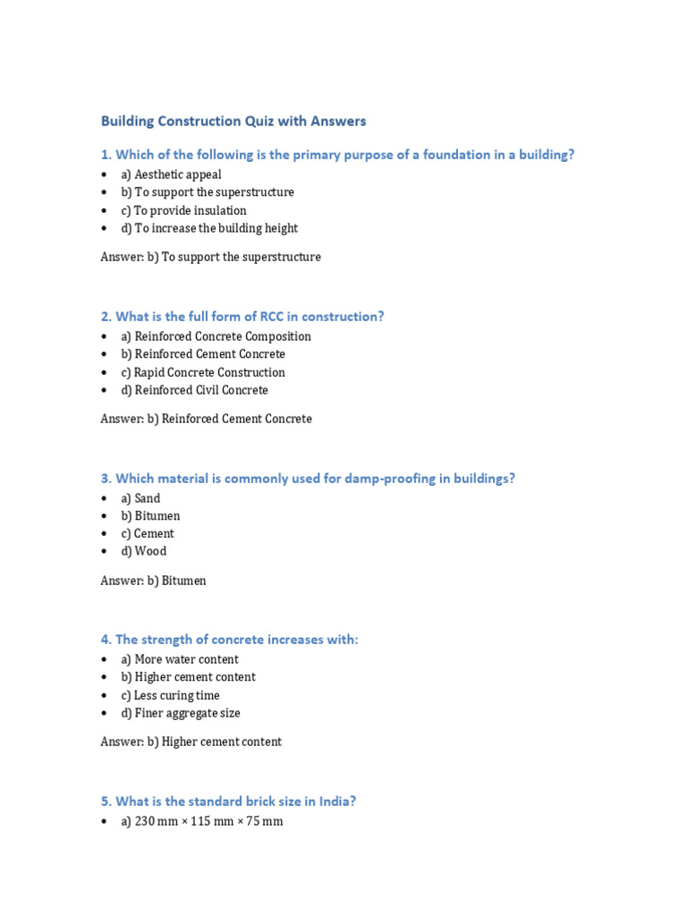 Building Construction Quiz | PDF | Concrete | Masonry