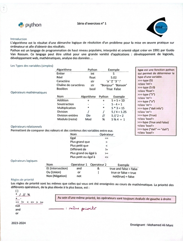 1 (Série D'exercices N°1 Sciences Informatique | PDF