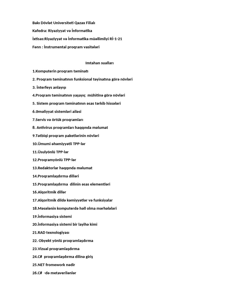 Ri 21 Imtahan Suallari (Instrumental Proqram Vasiteleri) | PDF