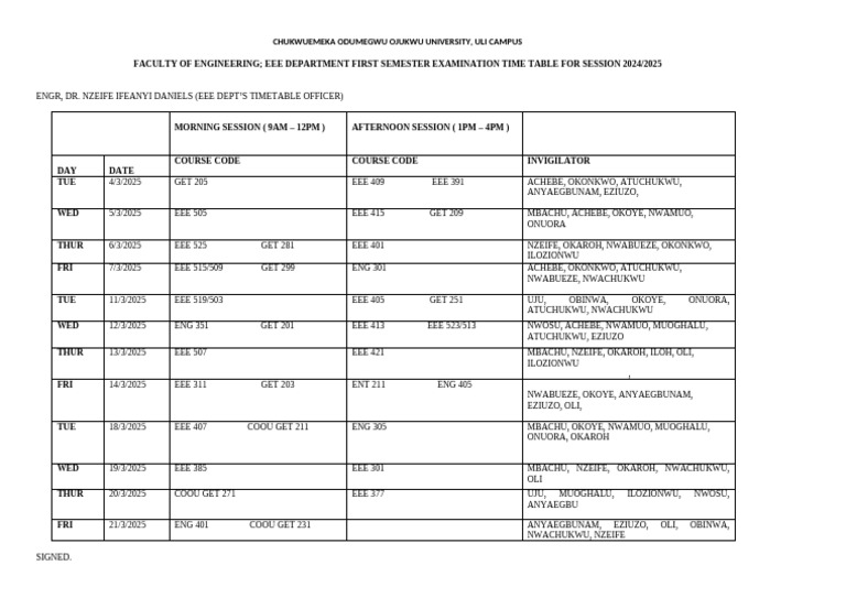 Eee Second Semester 2024-2025 Exam Timetable and Invigilators | PDF ...
