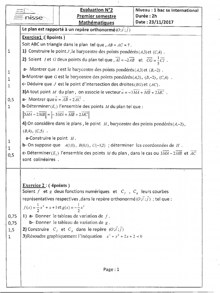 Devoir 2 Maths 1er BAC Sciences Experimentales 1er Semestre Sections ...