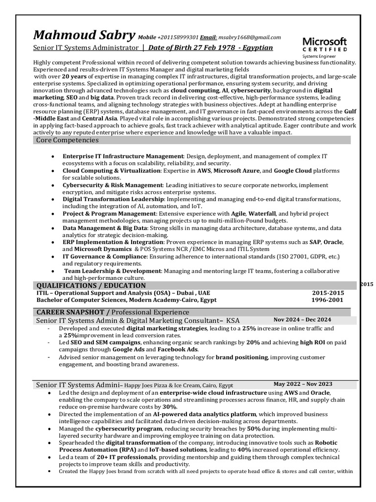 CV_Admin_271224 | PDF | Cloud Computing | Computer Security