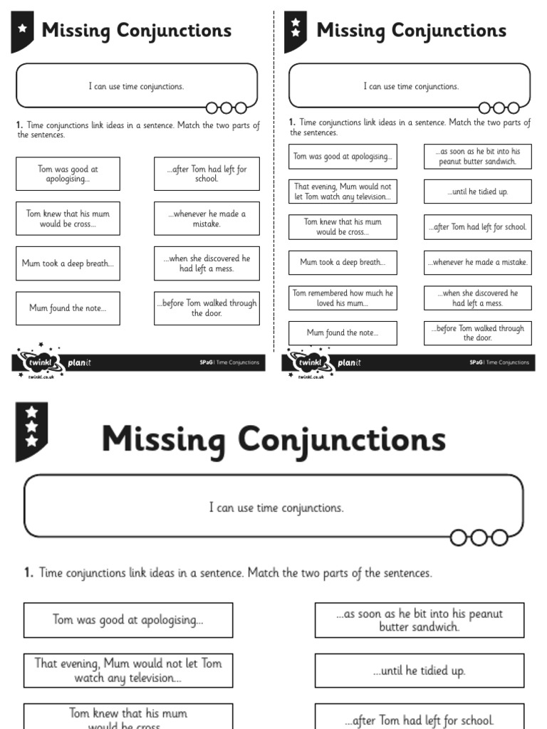 Time Conjunctions Worksheet for Tom | PDF